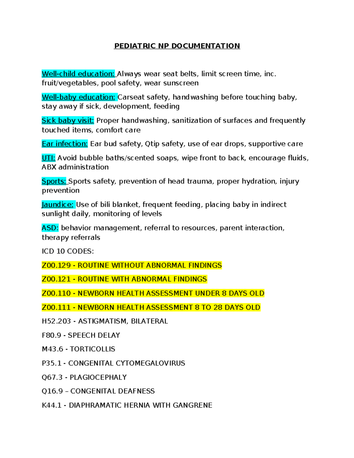 Pediatric NP Documentation: Well-Child and Sick Visit Guidelines - Studocu