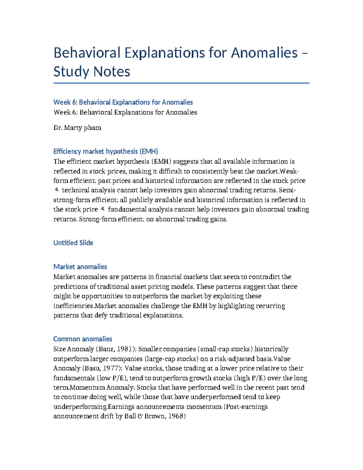 Behavioral Explanations for Anomalies Study Notes (Week 6) - Studocu