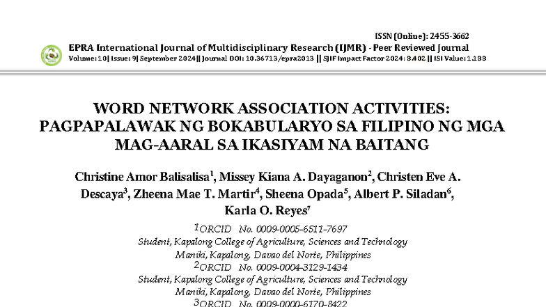 2024 EPRA IJMR: Epekto ng Word Network Association sa Bokabularyo ng mga - Studocu