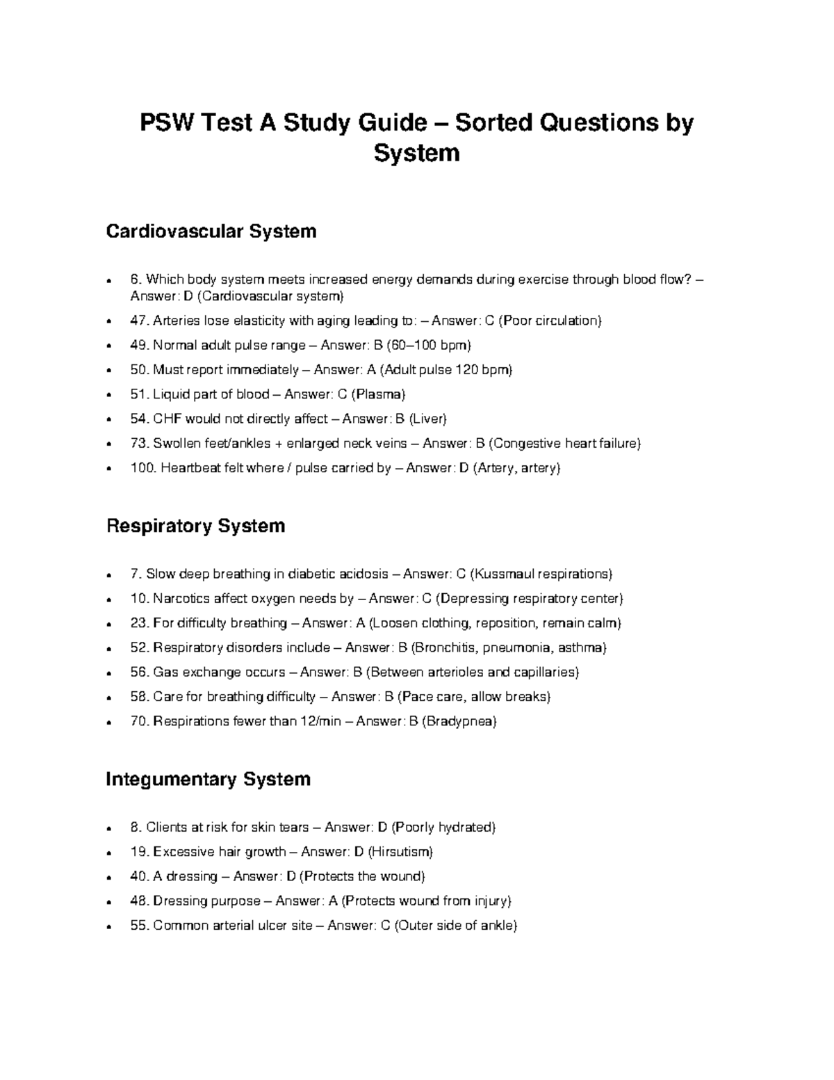 PSW Test A Study Guide: Cardiovascular, Respiratory, and More - Studocu