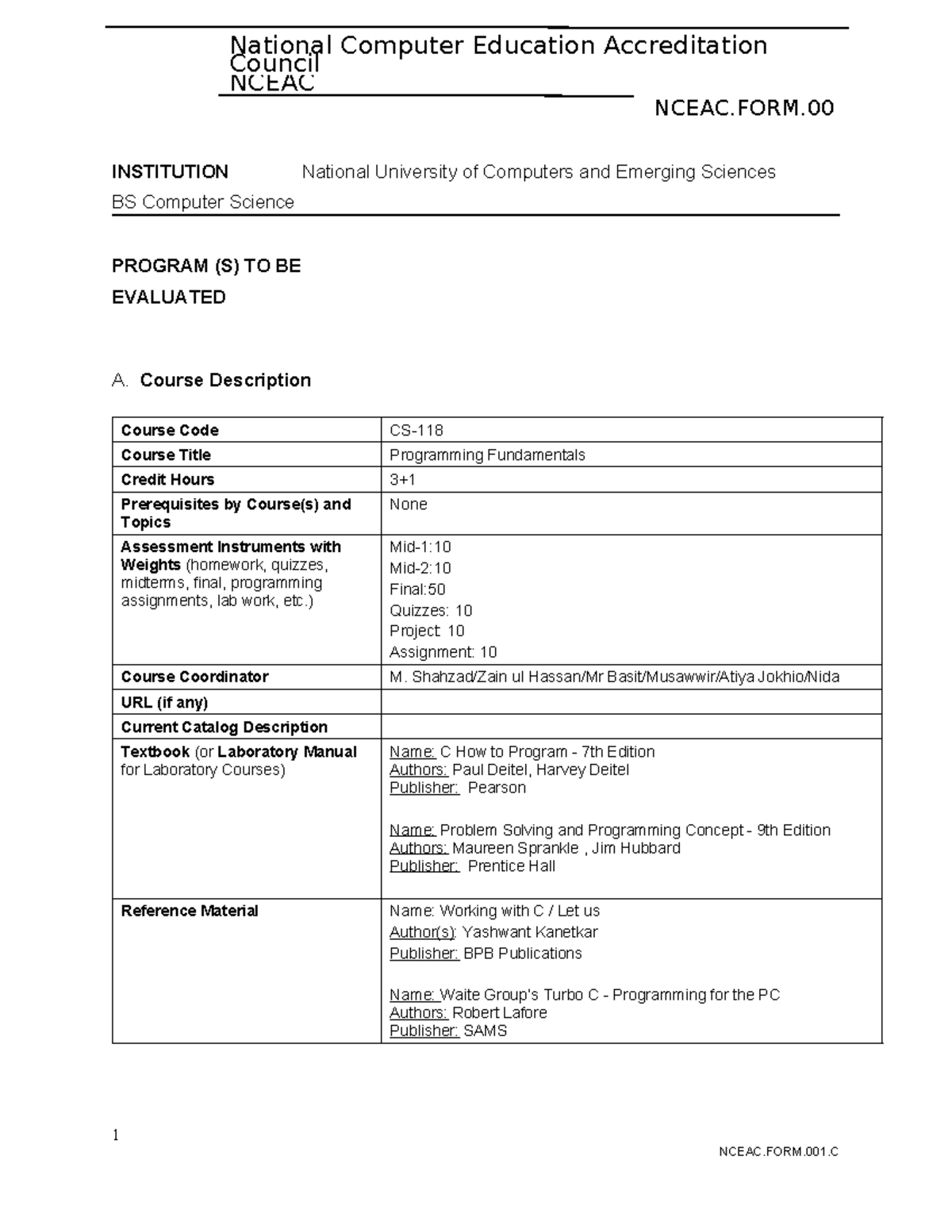 PF Course Description - Programming Fundamentals (NCEAC.FORM.00) - Studocu