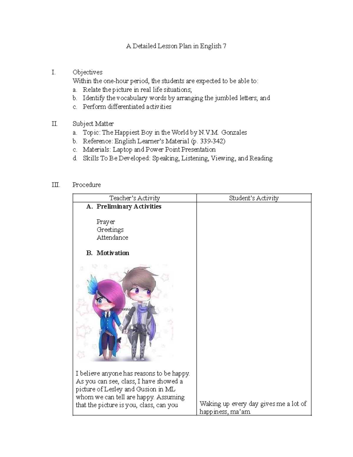 Detailed Lesson Plan: English 7 - The Happiest Boy in the World - Studocu