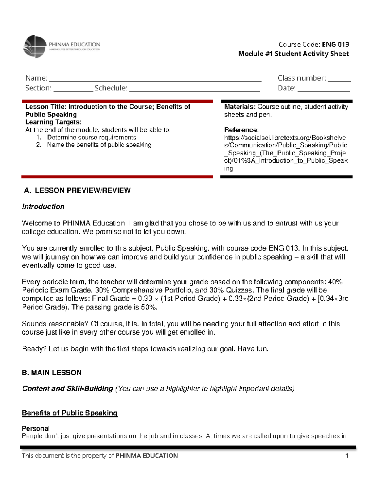 ENG 013 Intro to Public Speaking - Module #1 Activity Sheet - Studocu