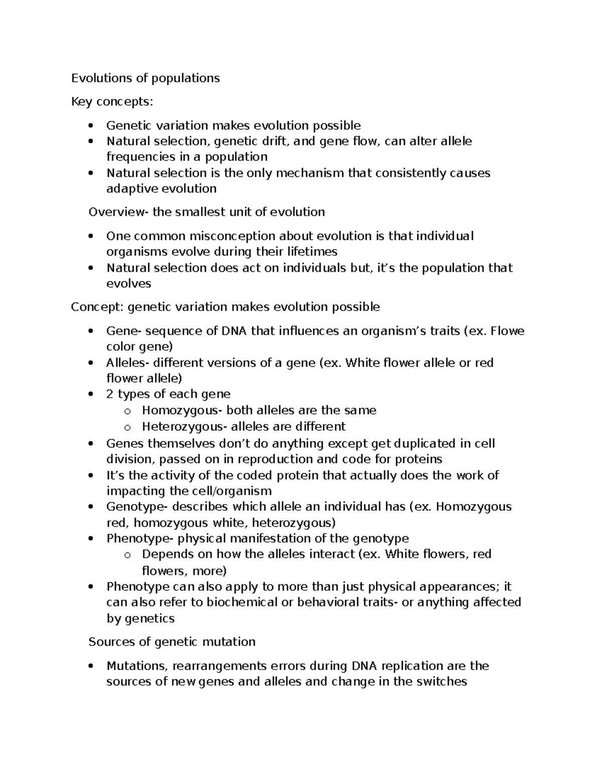 Biological Evolution: NS, Genetic Drift & Gene Flow Concepts - Studocu