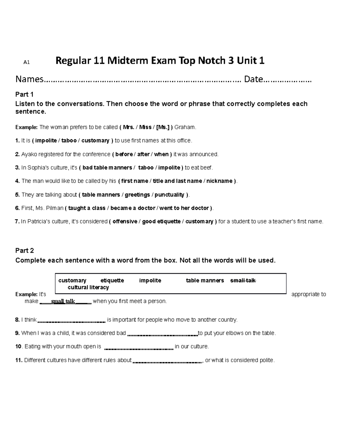 A1 Regular 11 Midterm Exam Top Notch 3 Unit 1 - A1 Regular 11 Midterm ...
