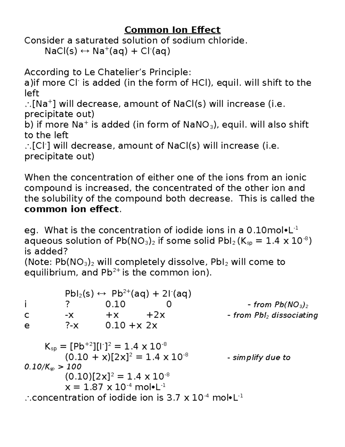 Common Ion Effect - BRIEF - Common Ion Effect Consider a saturated ...