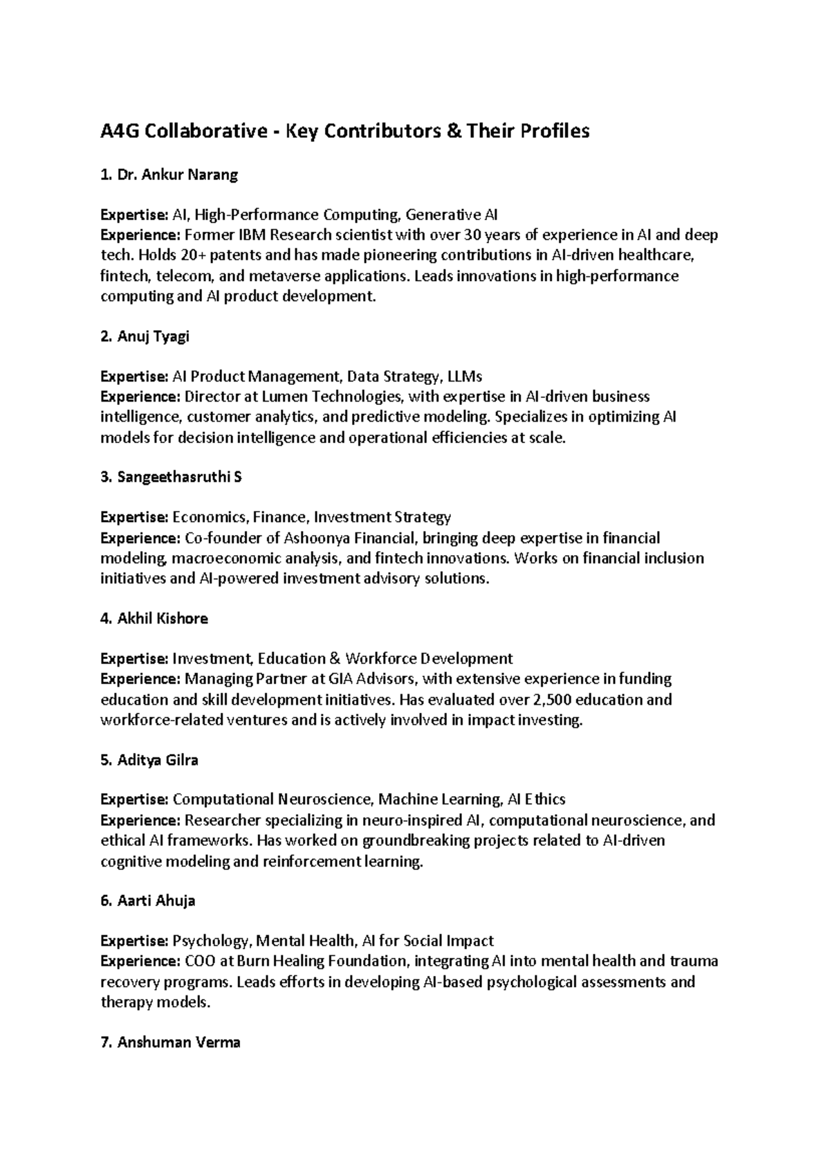 A4G Collaborative Key Contributors: Profiles & Expertise Overview - Studocu