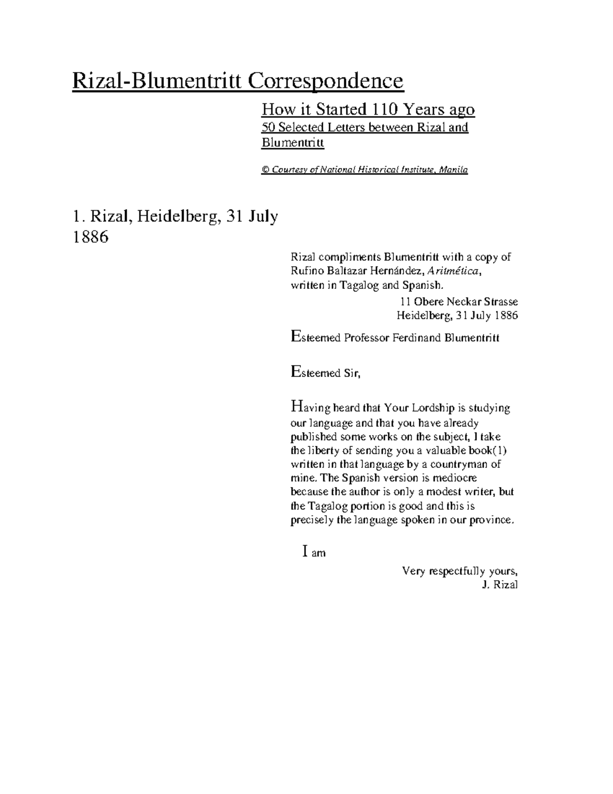 Rizal-Blumentritt Correspondence: Selected Letters & Insights - Studocu