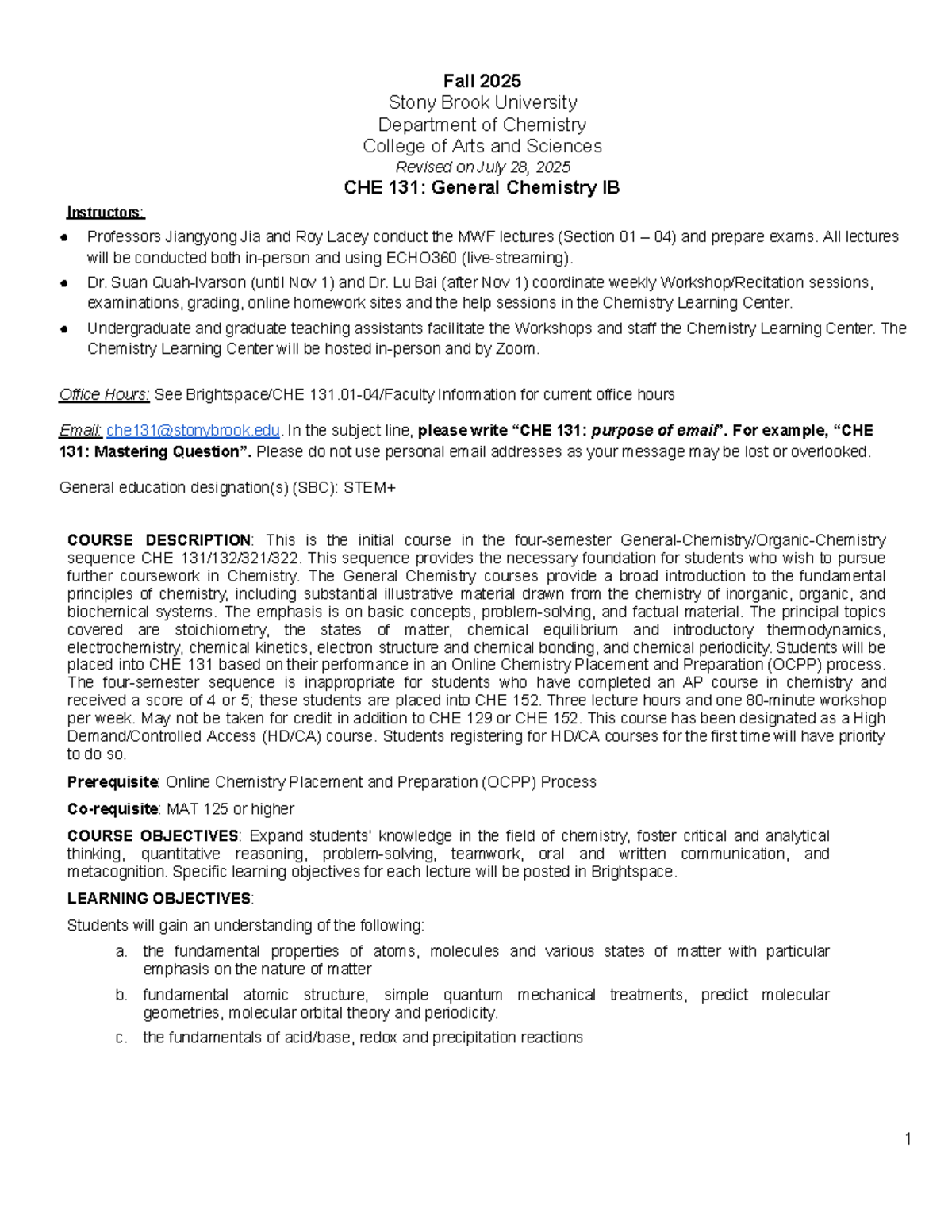 CHE 131: General Chemistry IB Syllabus - Fall 2025 - Studocu