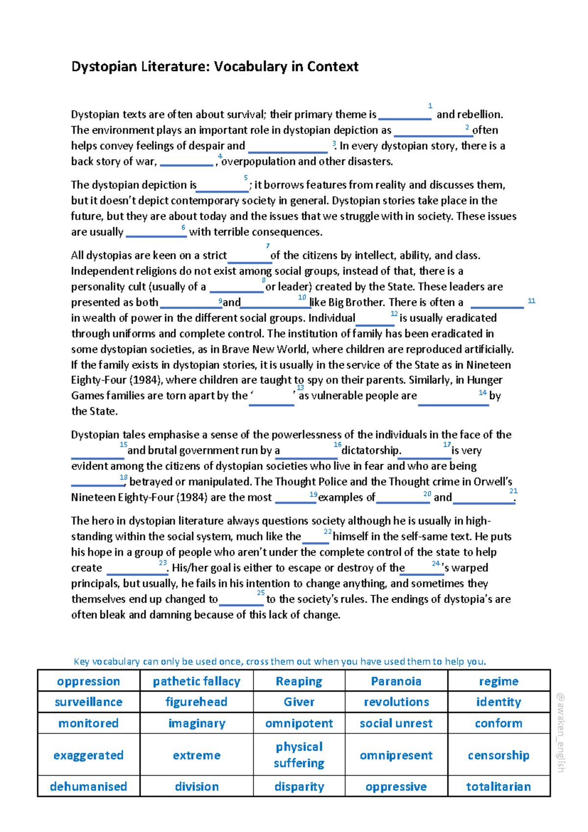 Dystopian Lit Vocabulary Overview and Key Terms - Studocu
