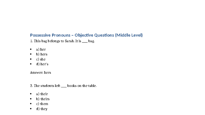 Possessive Pronouns Quiz (Middle Level) - Studocu