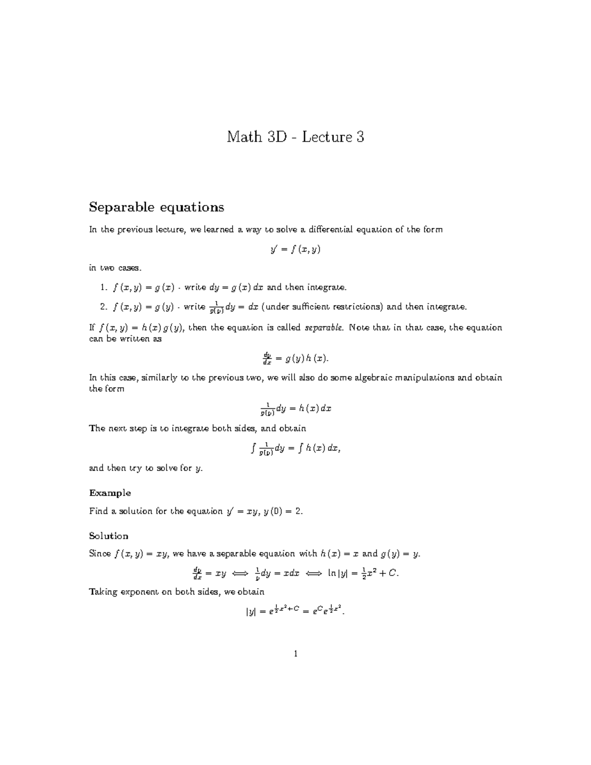 Math 3D - Lecture 3: Solving Separable Differential Equations - Math 3D ...