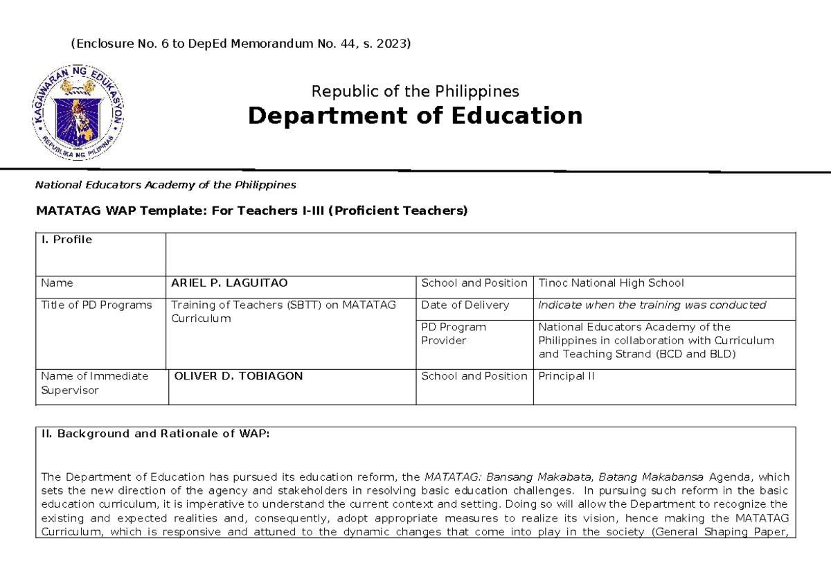 MATATAG WAP Template for Proficient Teachers (SBTT) - Studocu