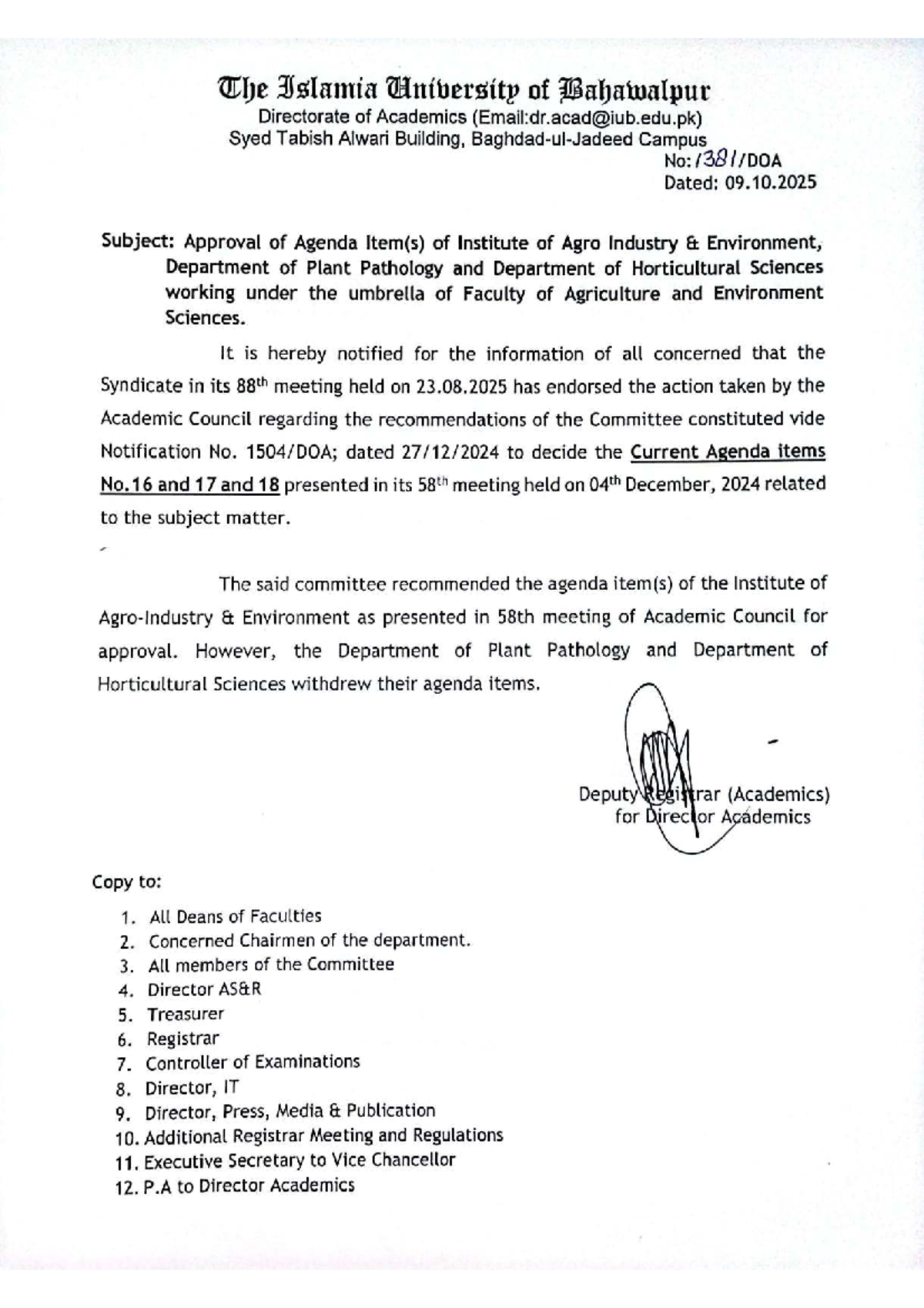 Approval of Agenda Items for Institute of Agro Industry & Environment ...