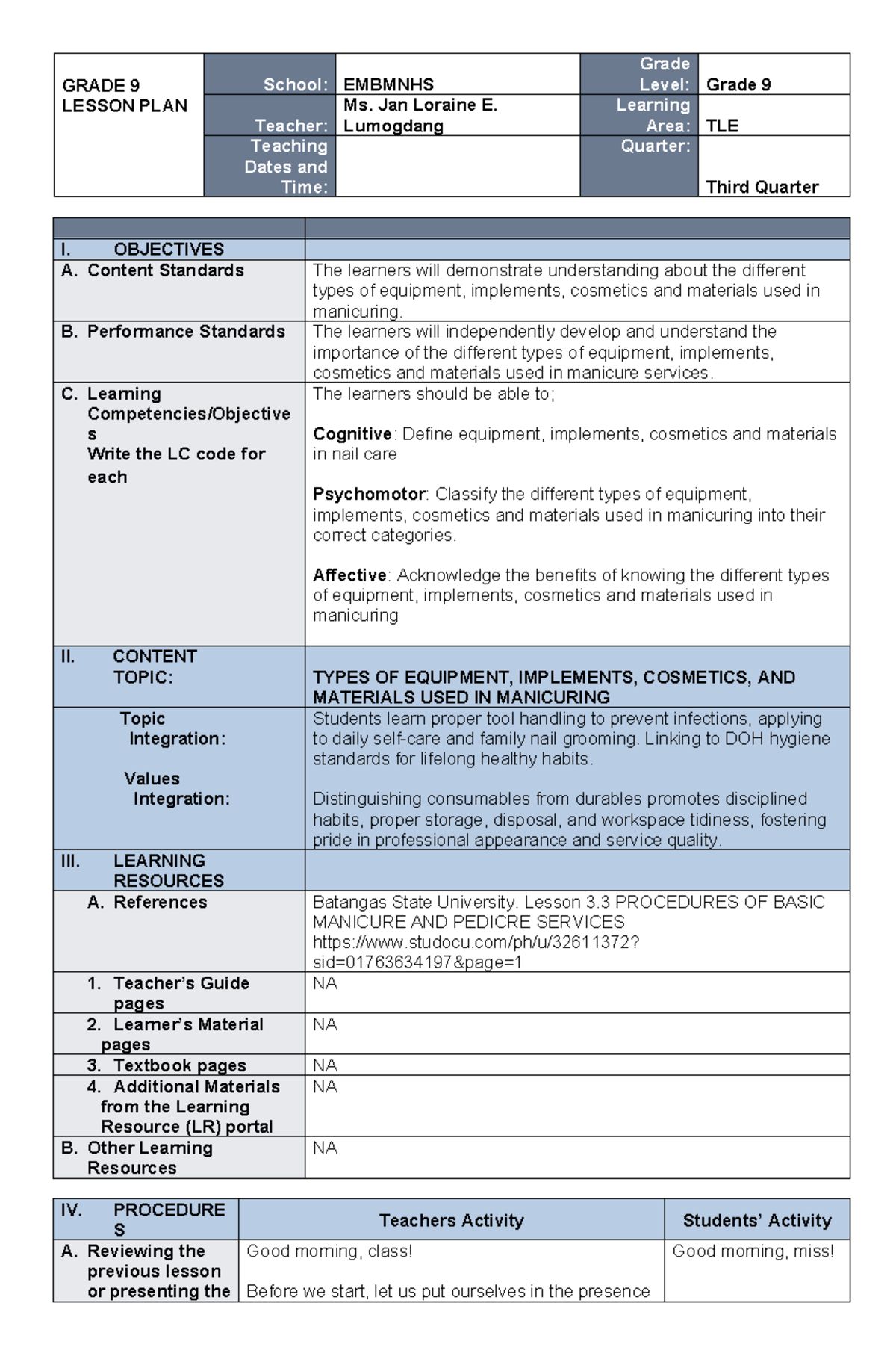GRADE 9 TLE LESSON PLAN: MANICURING EQUIPMENT & MATERIALS - Studocu