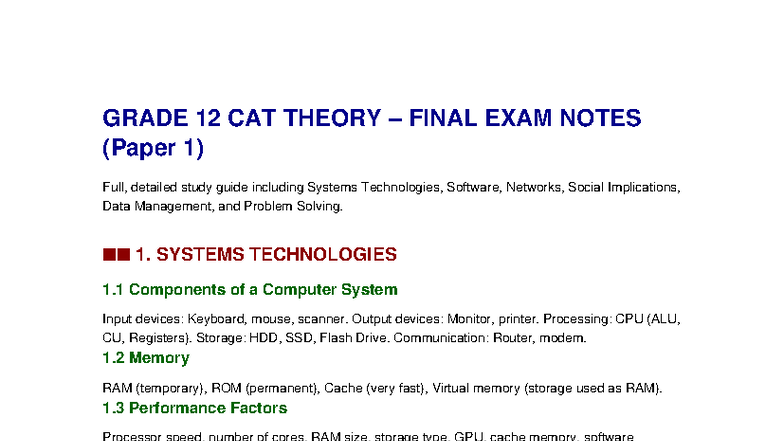 GRADE 12 CAT THEORY FINAL EXAM NOTES (Paper 1) Study Guide - Studocu