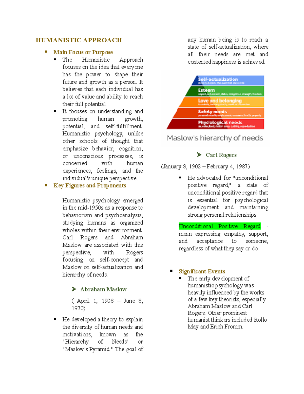 Humanstic Approach Reviewer - HUMANISTIC APPROACH Main Focus or Purpose ...