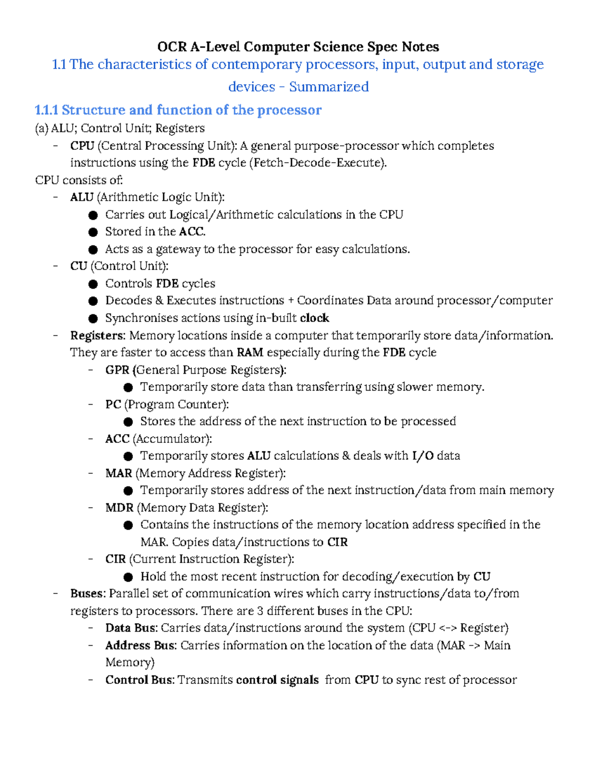 OCR A-Level Computer Science Spec Notes 1.1: Processors & Storage ...