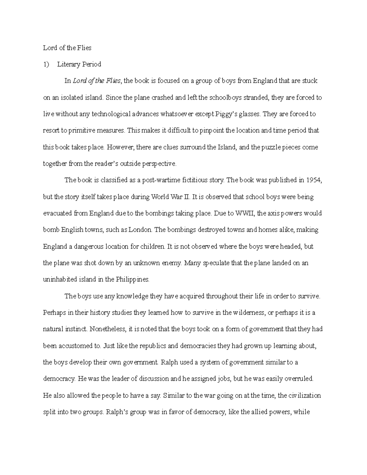 Lord of the Flies portfolio - Lord of the Flies 1) Literary Period In ...