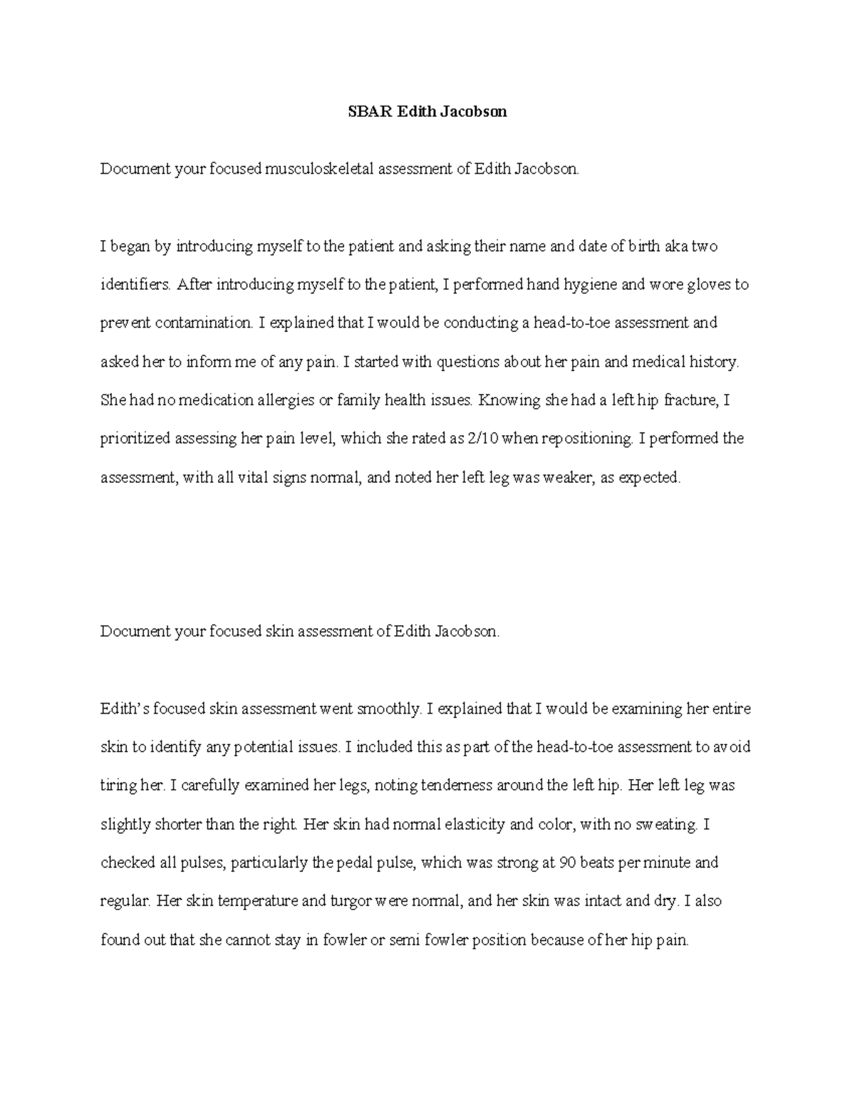 SBAR Assessment and Patient Teaching for 1st V-sim - Edith Jacobson ...
