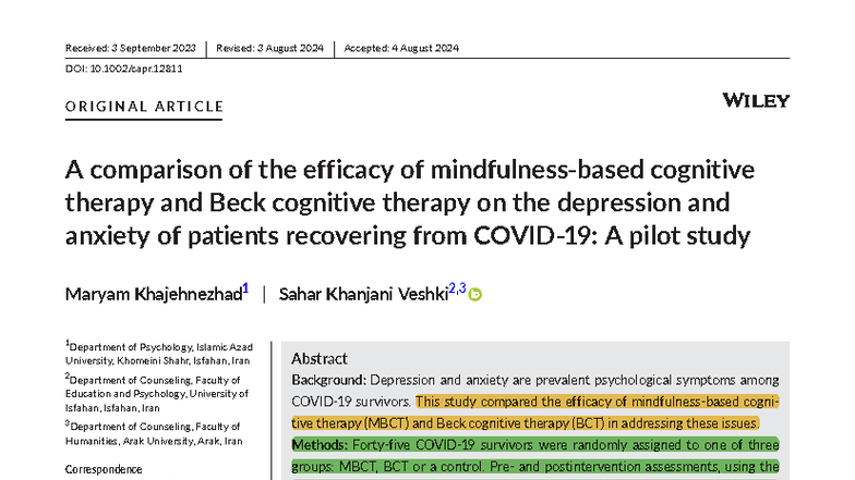 Cognitive Therapy vs. Beck Therapy: Efficacy on Depression & Anxiety in ...