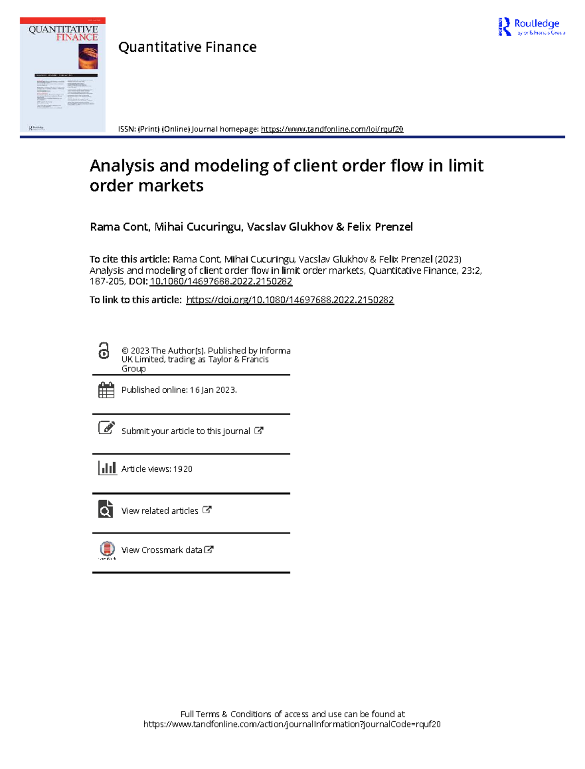 Analysis and Modeling of Client Order Flow in Limit Order Markets - Studocu