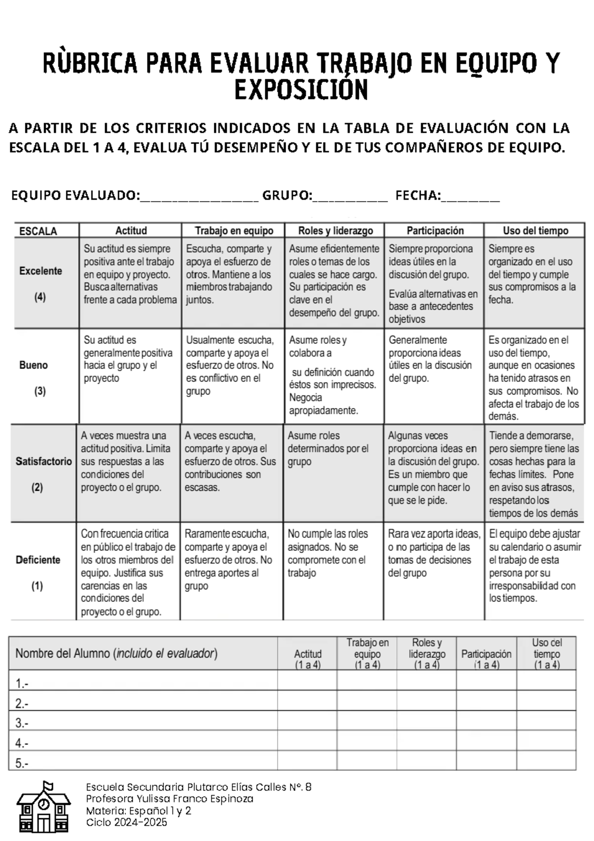 Rubrica para evaluar el trabajo en Equipo - Estrategias Escolares ...