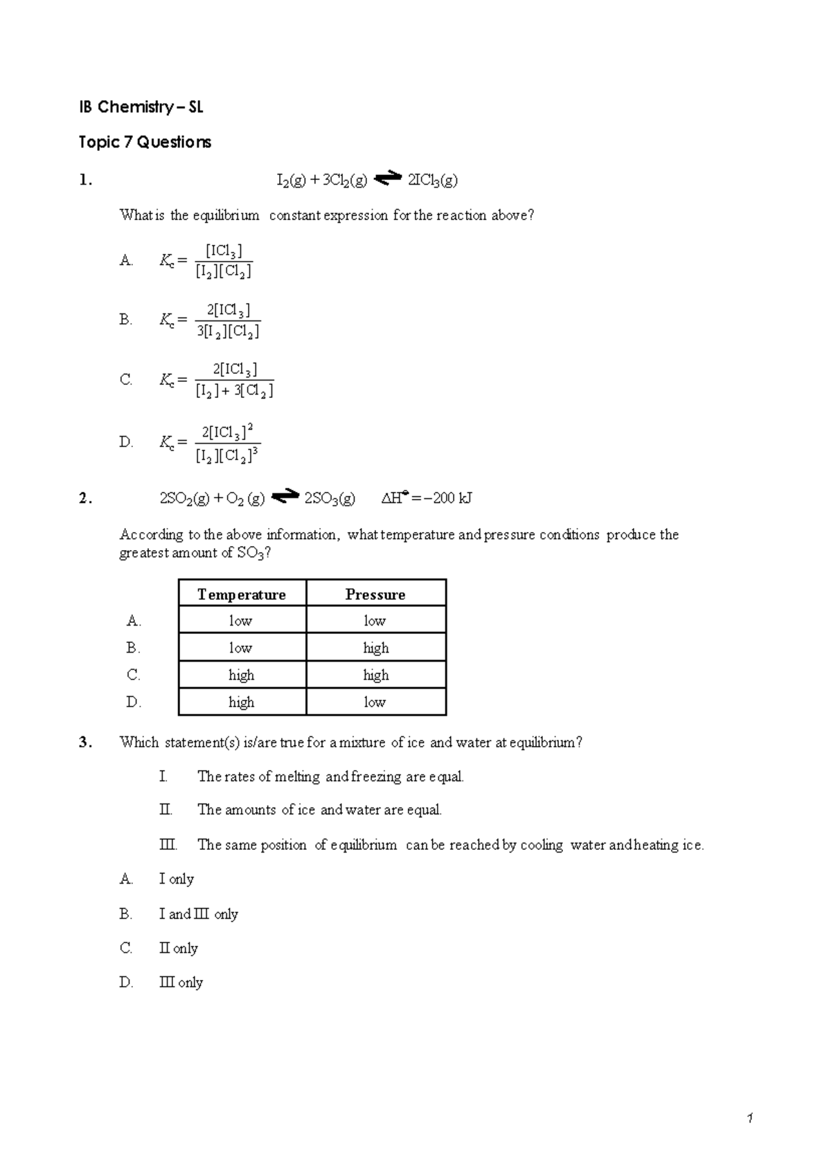 IB Chemistry SL Equilibrium Questions and Answers - Studocu