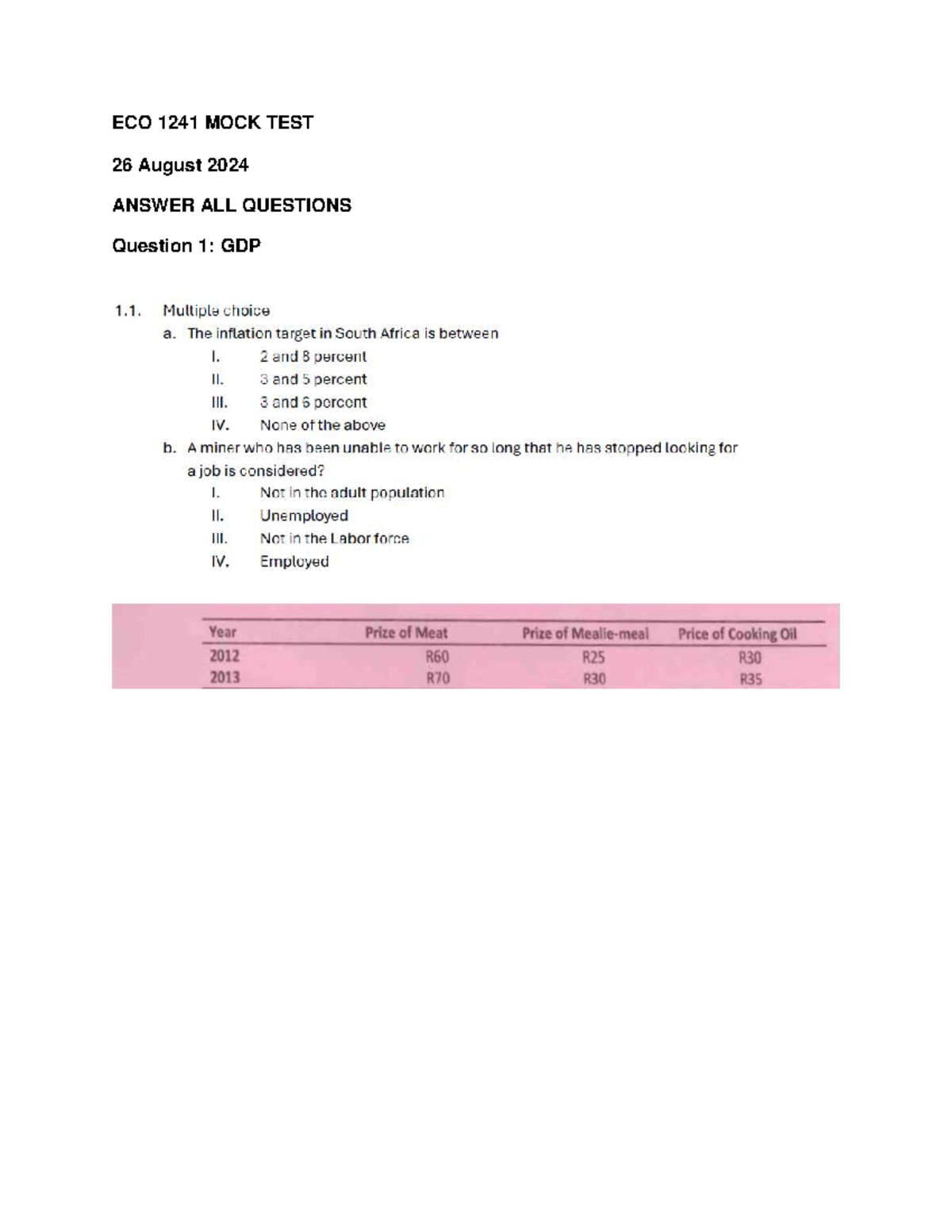 ECO 1241 Mock Test: GDP, Unemployment & Inflation Calculations - Studocu