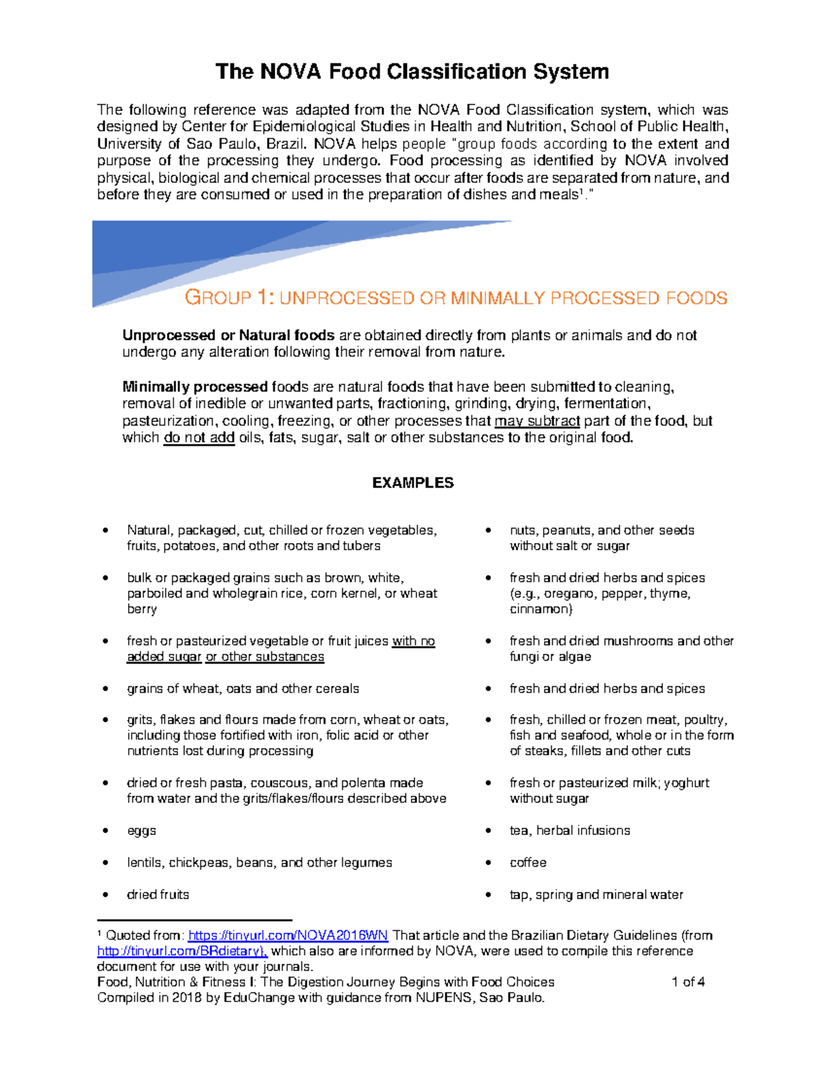 NOVA Food Classification System Reference Guide for FF101 - Studocu