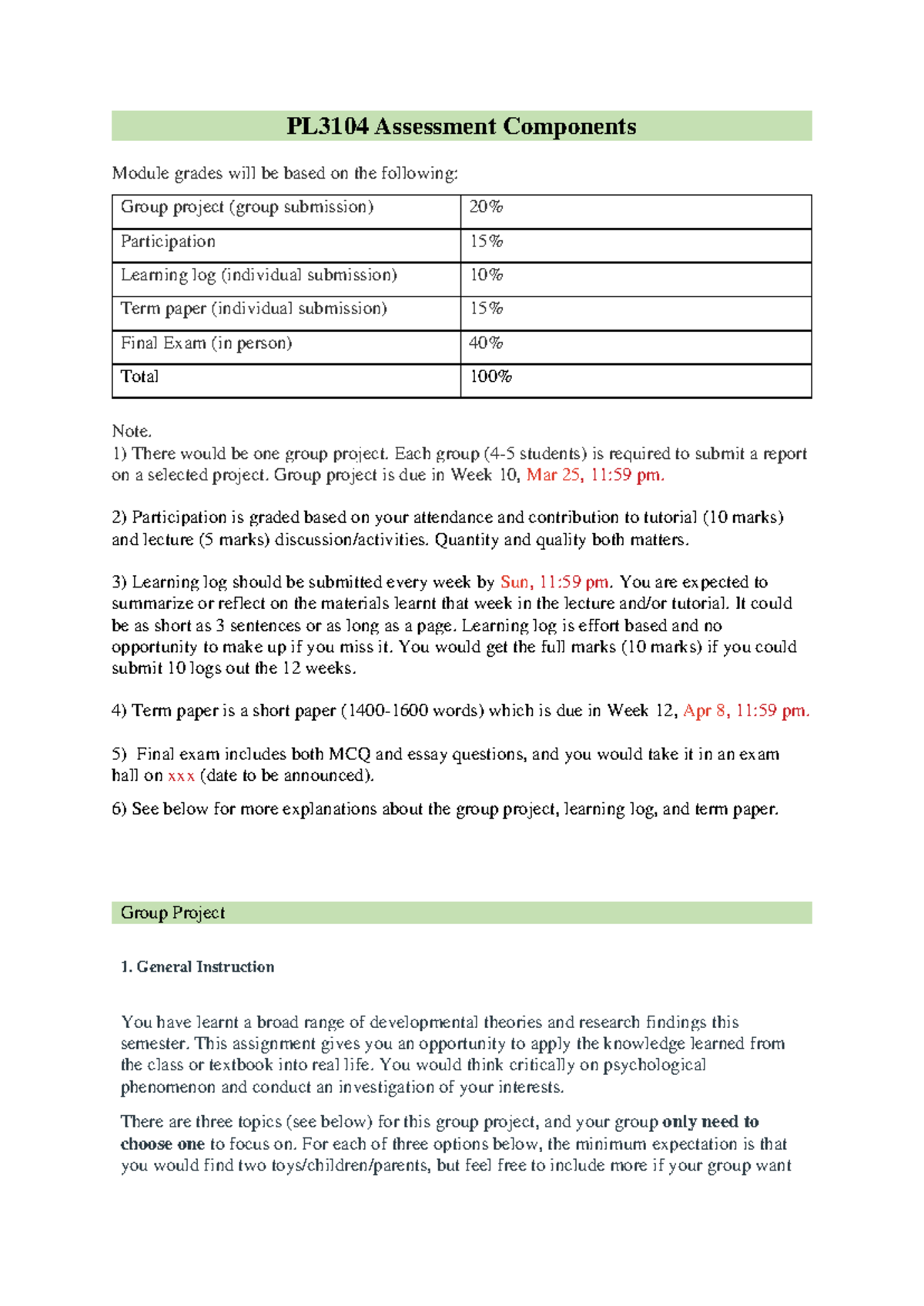 PL3104 Assessment Components Overview: Projects, Logs, and Exams - Studocu