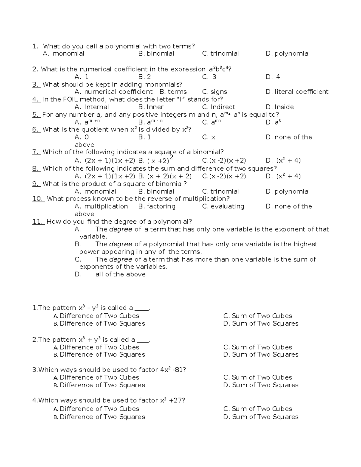 MATH 8 Final Exam Reviewer: Polynomials and Factoring Concepts - Studocu