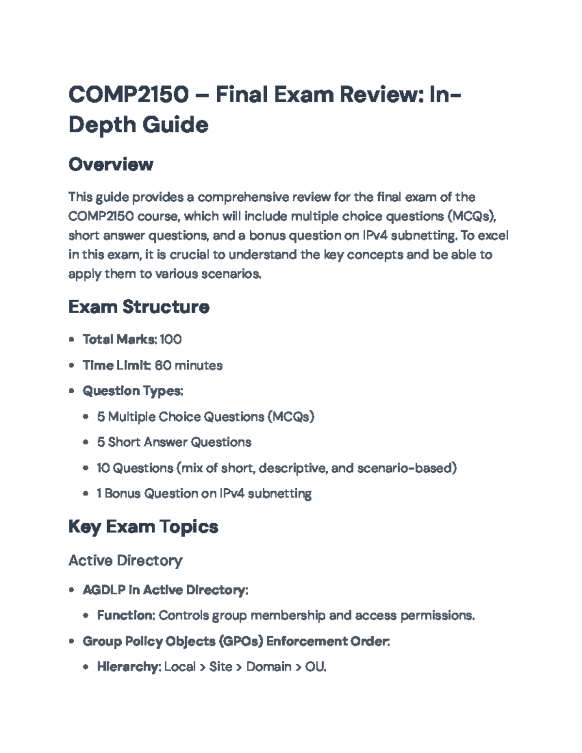 COMP2150 – Final Exam Review Guide: Key Topics and Prep Tips - COMP2150 – Final Exam Review: In ...