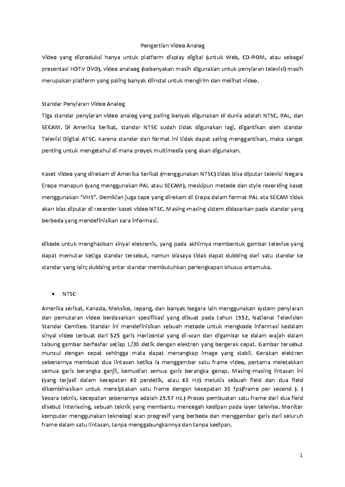 Pengertian dan Standar Video Analog: NTSC, PAL, SECAM & ATSC - Studocu