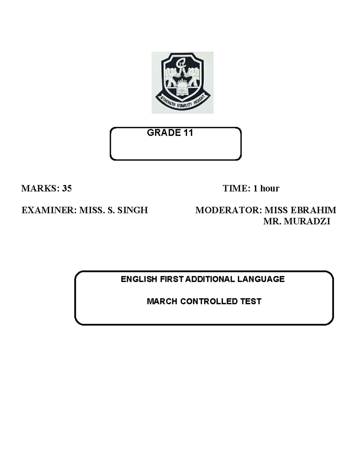 Grade 11 English First Additional Language March Controlled Test - Studocu