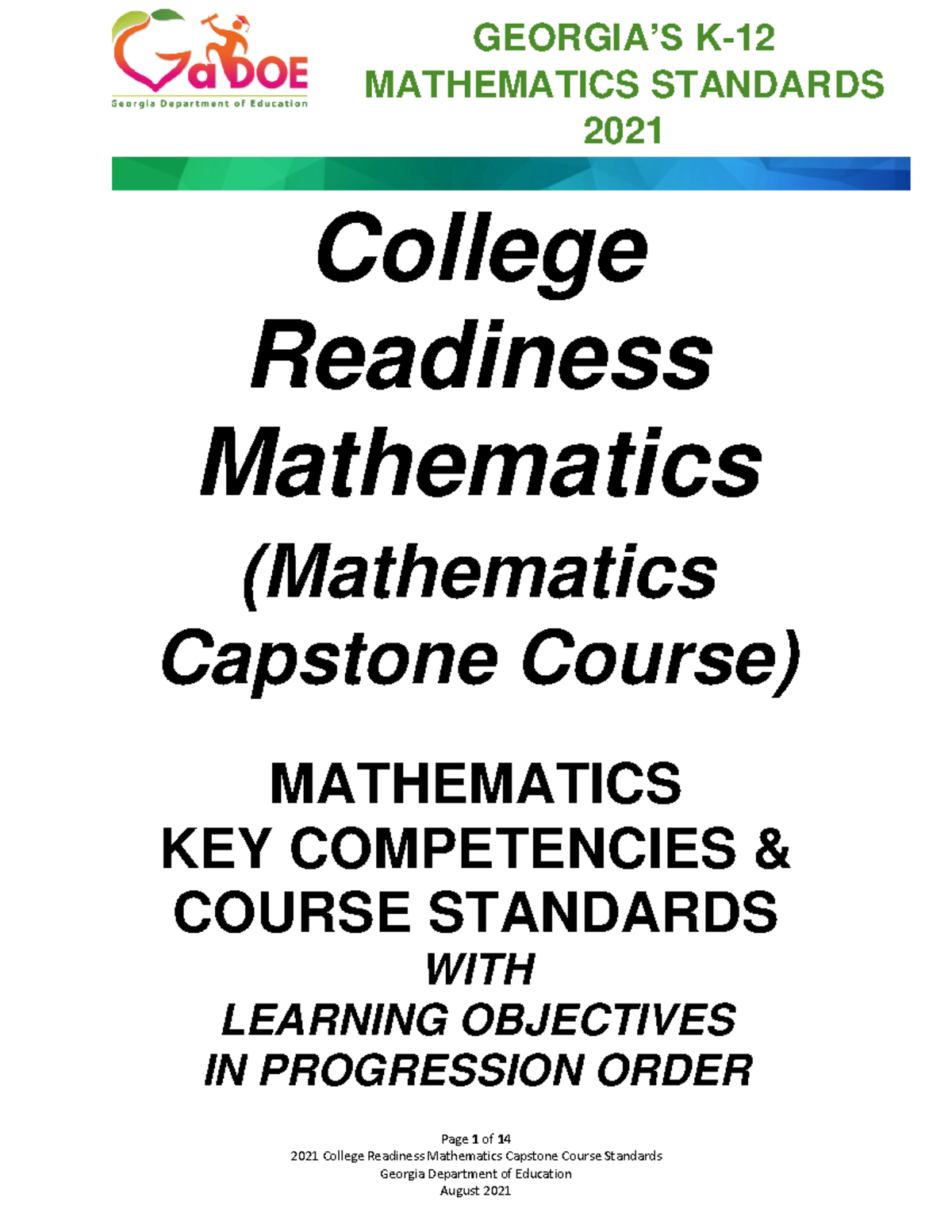Georgia HS College Readiness Mathematics Capstone Course Standards 2021 ...