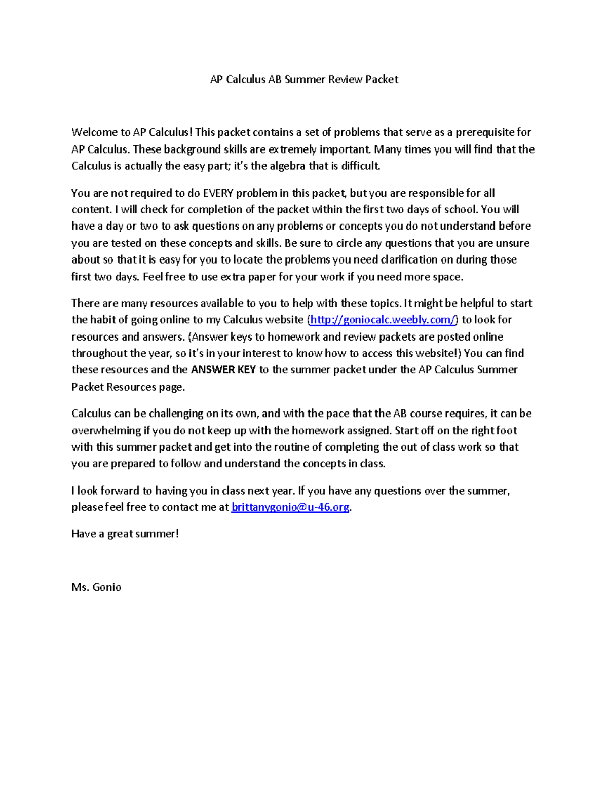 AP Calculus AB Summer Review Packet - Key Concepts and Practice ...