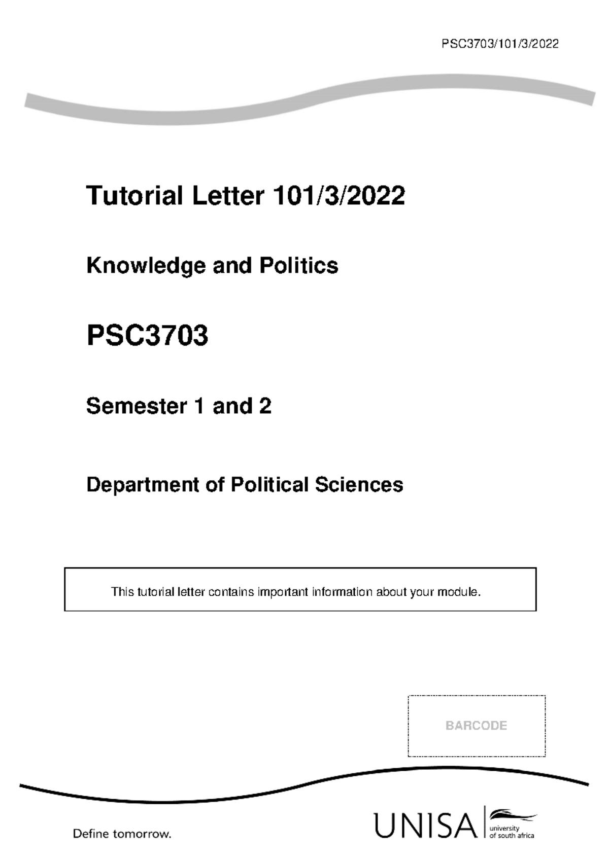 PSC3703/101/3 - Introductory Tutorial on Knowledge and Politics - Studocu