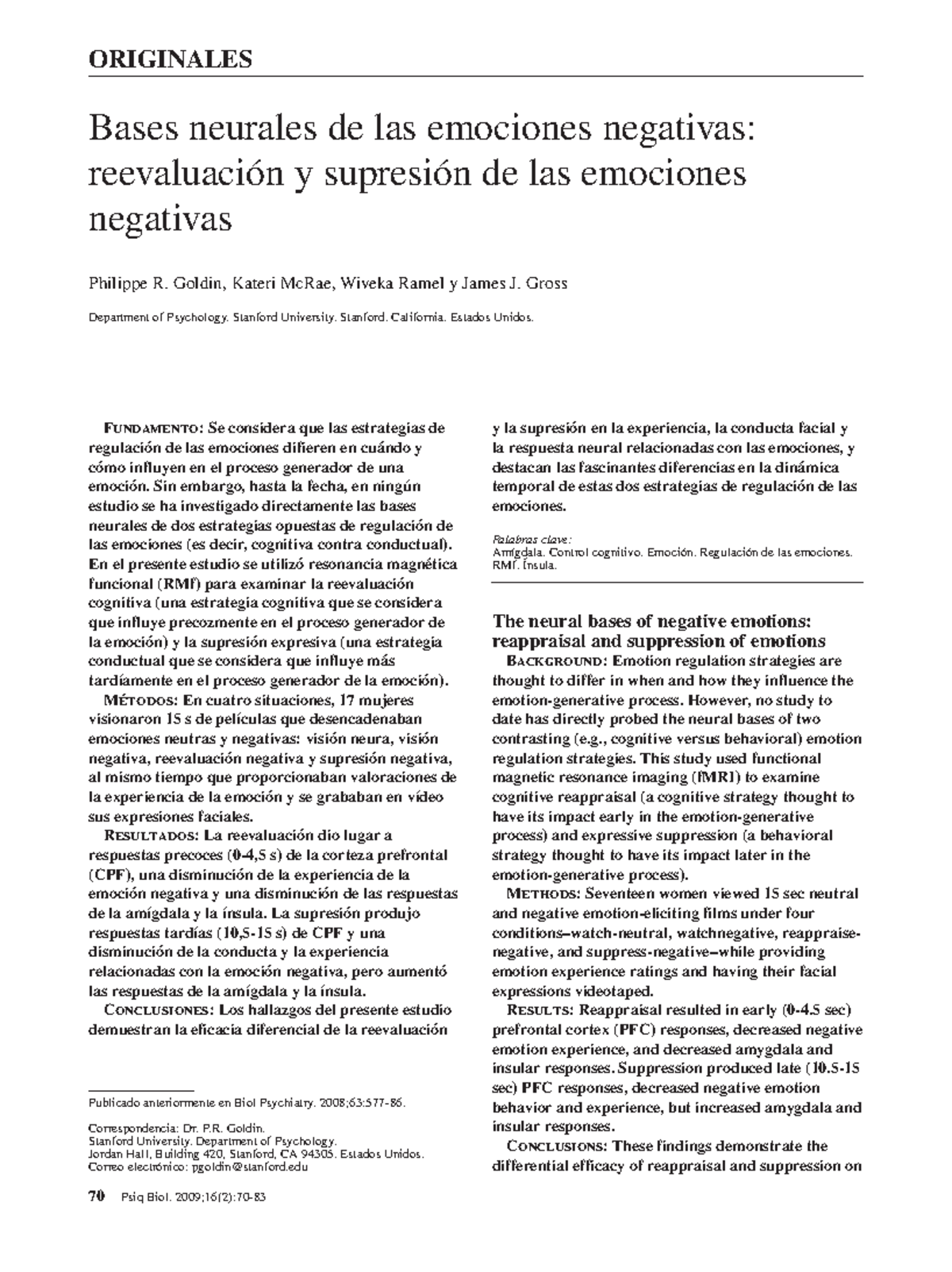 Bases neurales de las emociones negativas: reevaluación y supresión ...