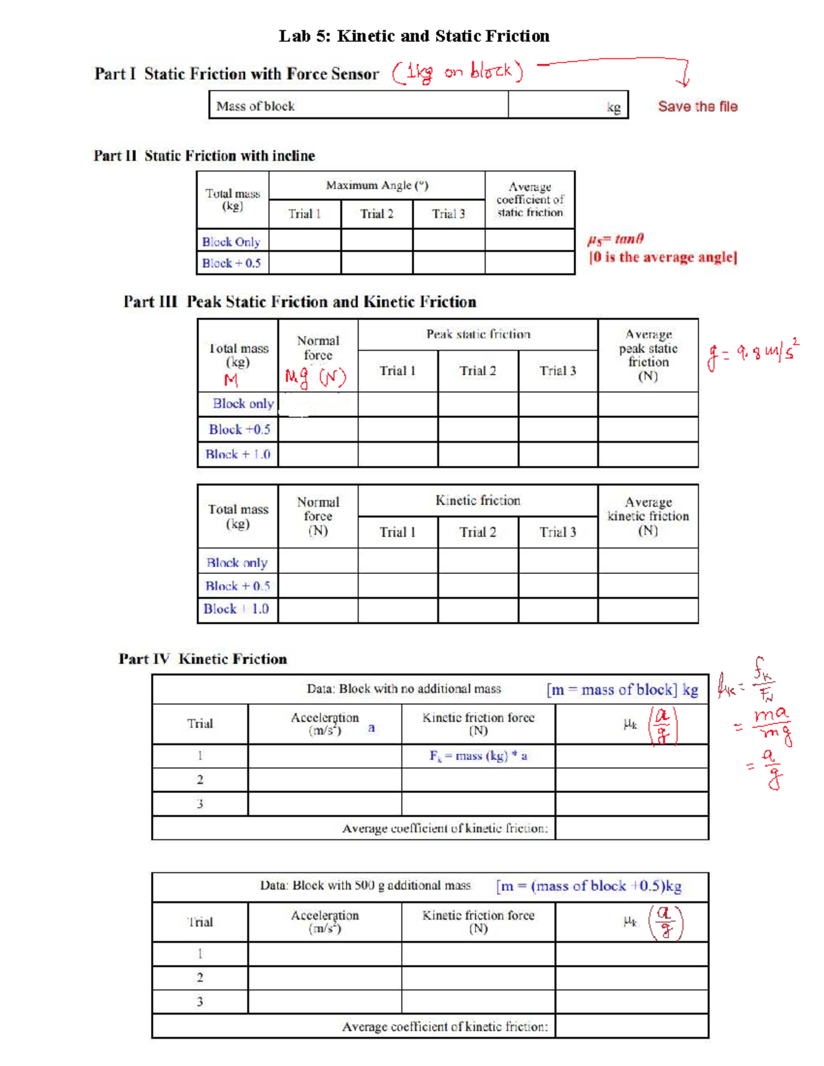 Lab 5: Friction Data Sheet - Static & Kinetic Analysis - Studocu