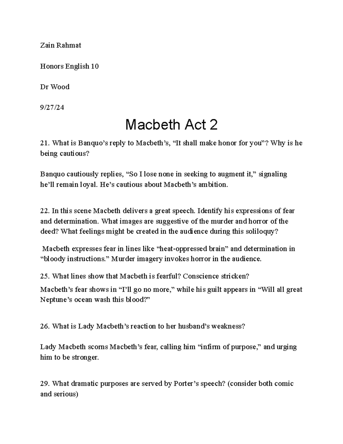 Macbeth Act 2 Analysis: Fear, Ambition, and Guilt in English 10 - Studocu