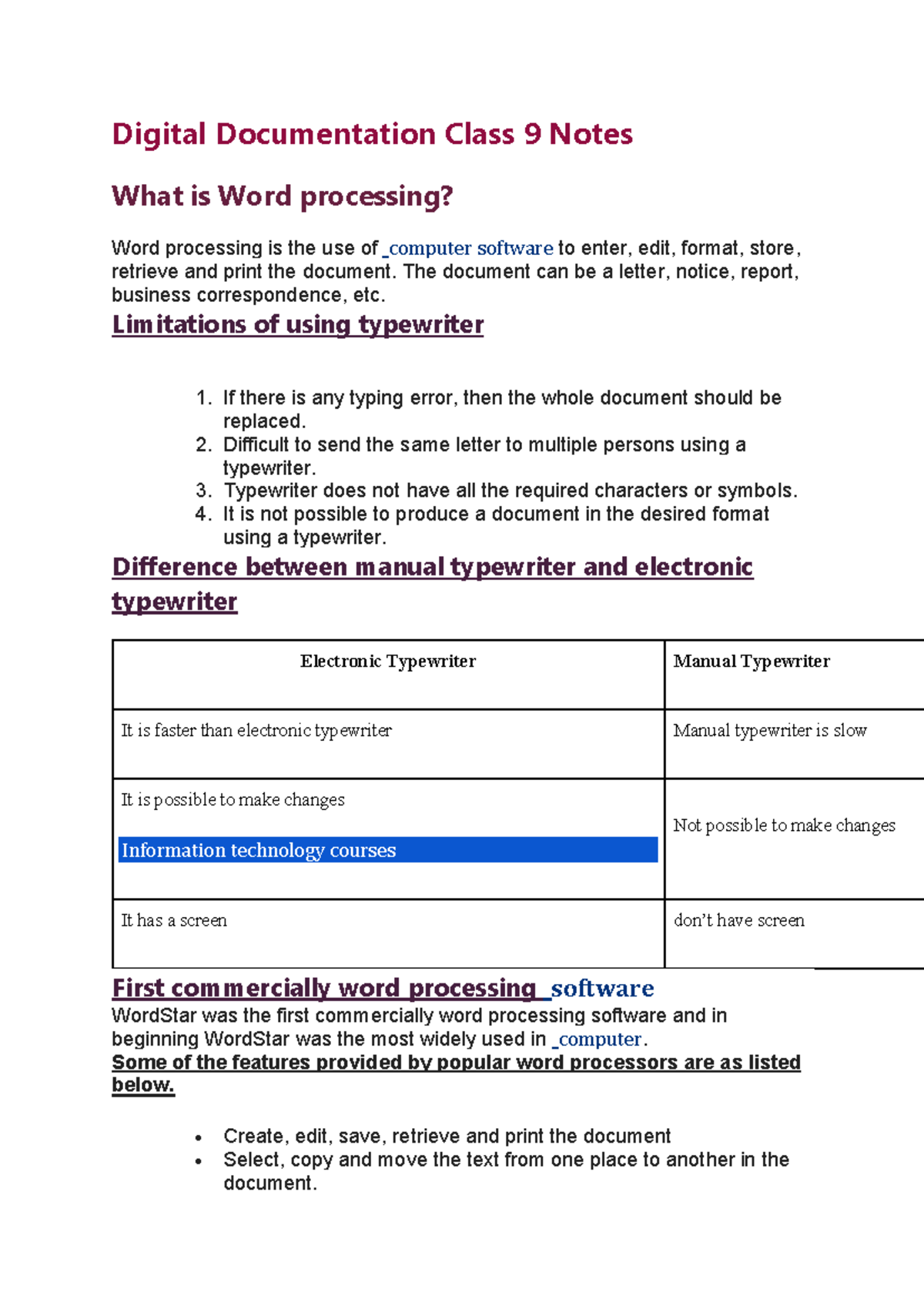 Digital Documentation Class 9: Word Processing Overview and Features ...