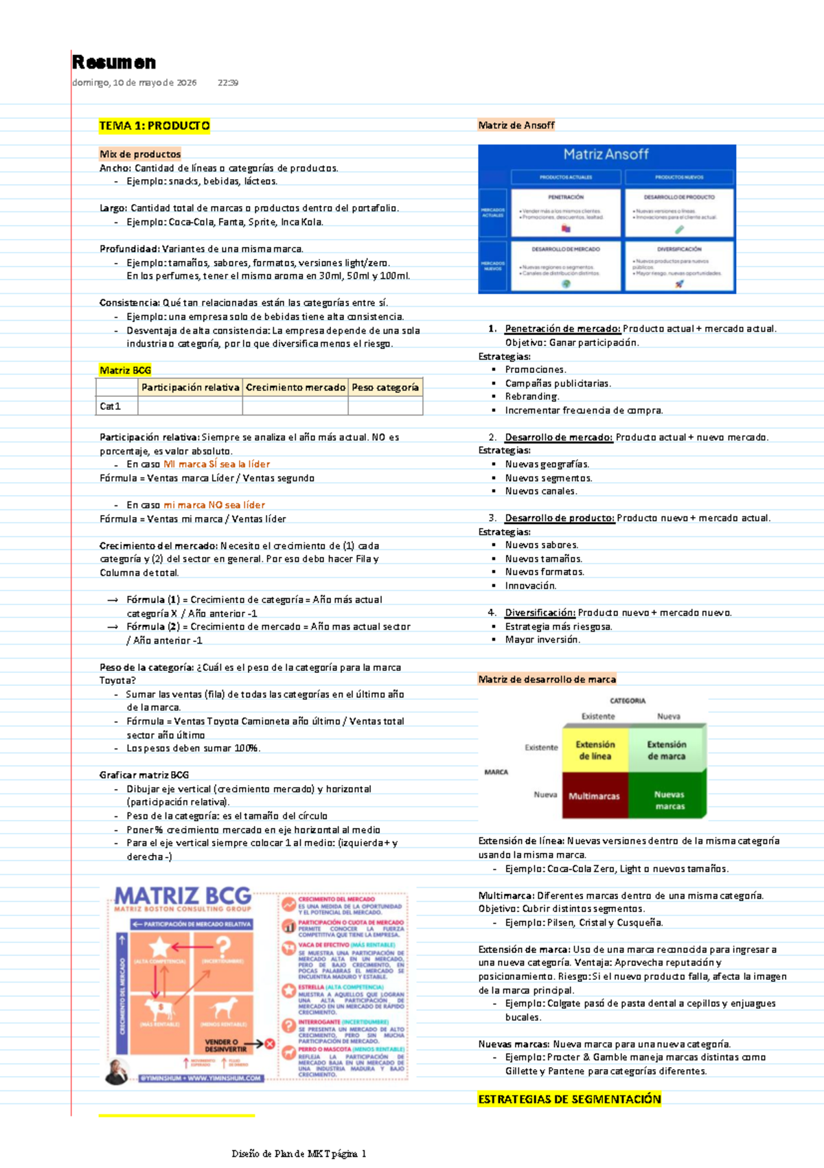Resumen Diseño de Plan de MKT - Matrices Ansoff y BCG - Studocu