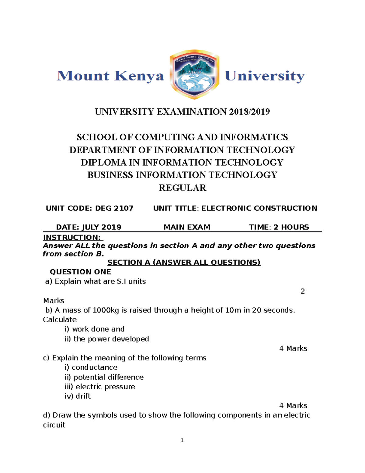 DEG 2107 Electronic Construction JULY 2019 MAIN EXAM QUESTIONS - Studocu