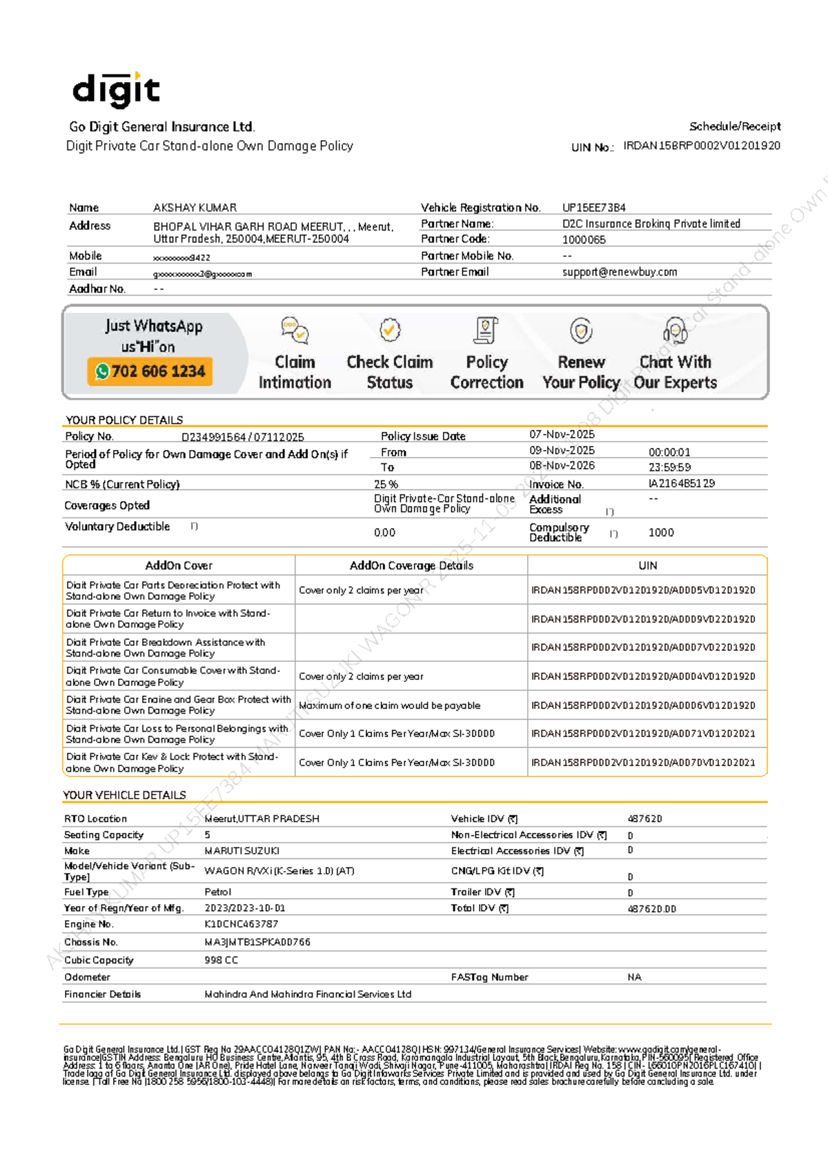 20103 Digit Private Car Own Damage Policy Details for Akshay Kumar ...