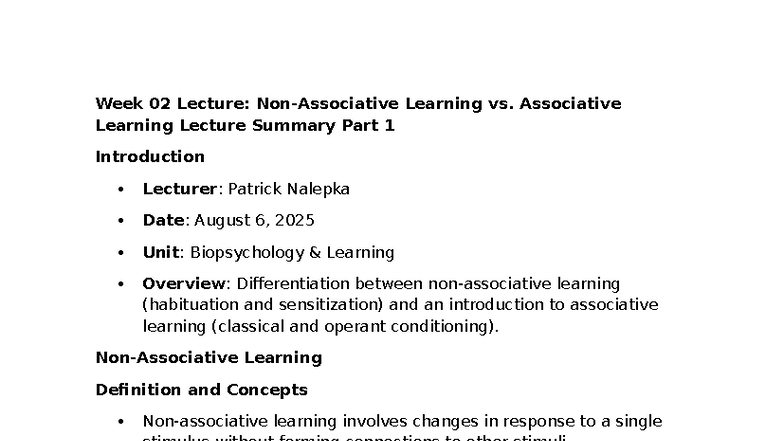 Week 02 Lecture: Learning vs. Associative Learning Summary - Studocu