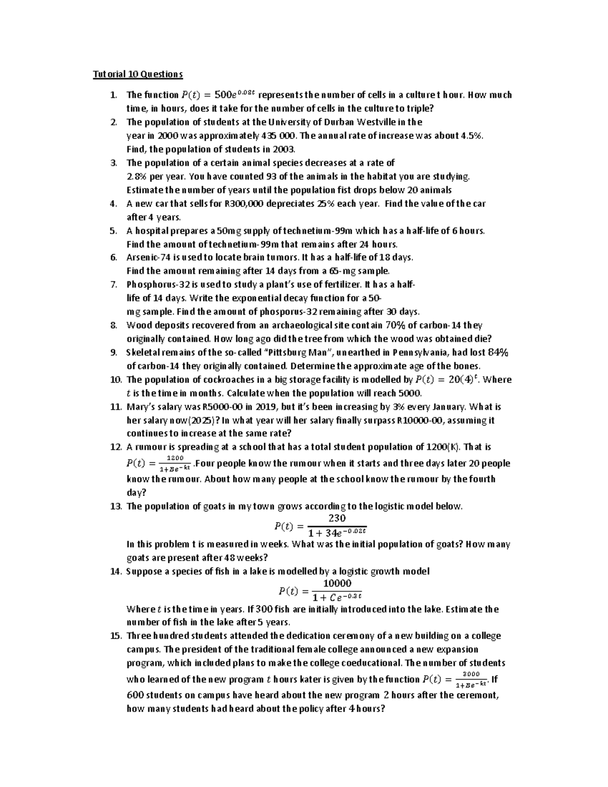 Tut 10 - Advanced Exponential Growth and Decay Problems - Studocu