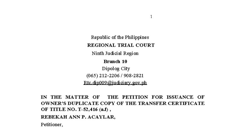 Petition for Issuance of Duplicate TCT No. (a.f) - Rebekah Ann P ...