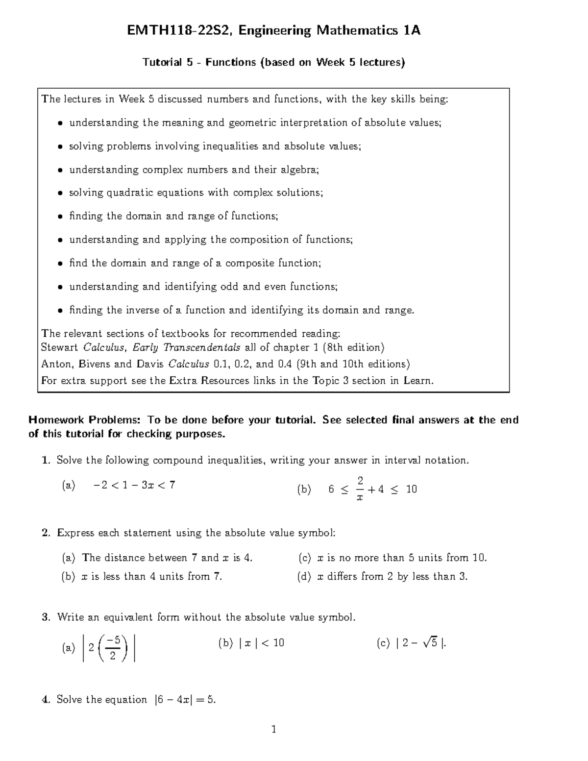 EMTH118-22S2 Tutorial 5 questions - EMTH118-22S2, Engineering Mathematics 1A Tutorial 5 ...