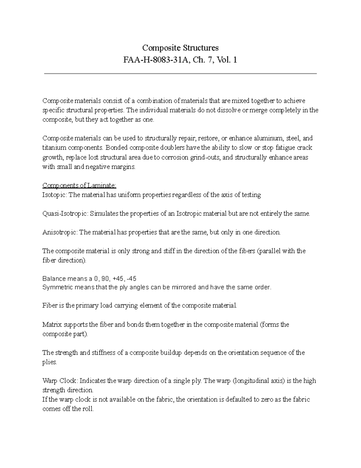 Composite Structures - Exam Study Notes (FAA-H-8083-31A, Ch. 7) - Studocu